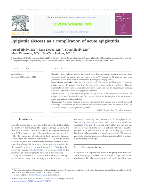 (PDF) Epiglottic abscess as a complication of acute epiglottitis