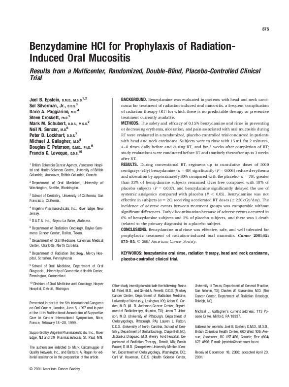 (PDF) Benzydamine HCl for prophylaxis of radiation-induced oral mucositis