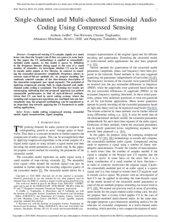 (PDF) Single-Channel and Multi-Channel Sinusoidal Audio Coding Using Compressed Sensing