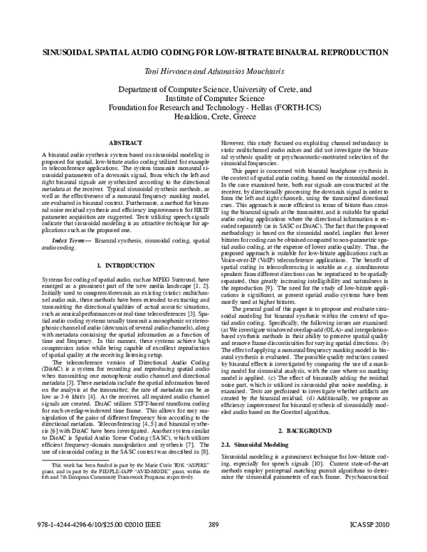 (PDF) Sinusoidal spatial audio coding for low-bitrate binaural reproduction