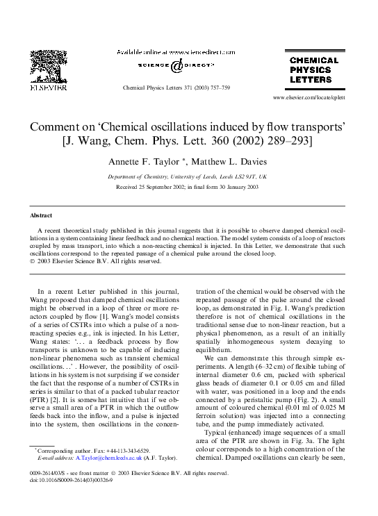 (PDF) Comment on ‘Chemical oscillations induced by flow transports’ [J. Wang, Chem. Phys. Lett ...
