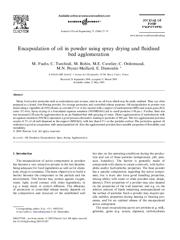 (PDF) Encapsulation of oil in powder using spray drying and fluidised ...