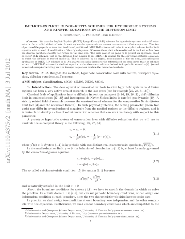 (PDF) Implicit-Explicit Runge--Kutta Schemes for Hyperbolic Systems and Kinetic Equations in the ...