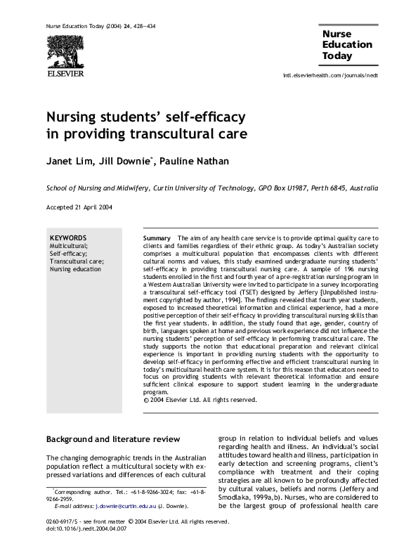 (PDF) Nursing students' self-efficacy in providing transcultural care