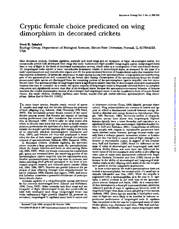 (PDF) Cryptic female choice predicated on wing dimorphism in decorated ...