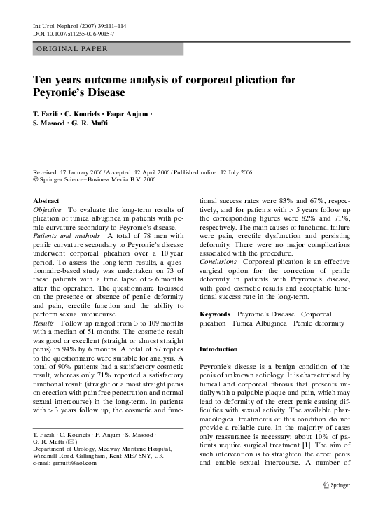 (PDF) Ten years outcome analysis of corporeal plication for Peyronie’s ...