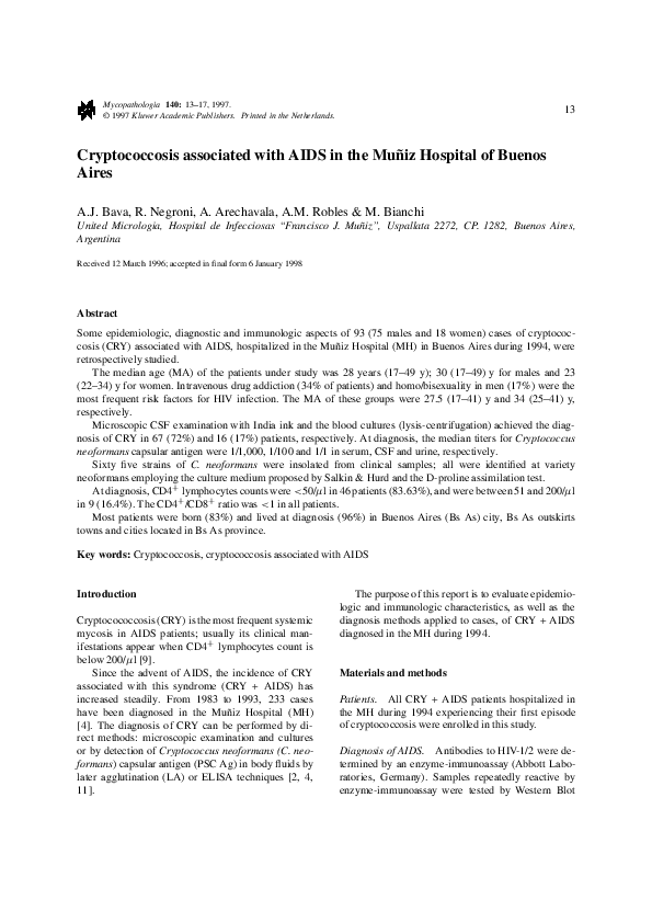 (PDF) Cryptococcosis associated with AIDS in the Muñiz Hospital of ...