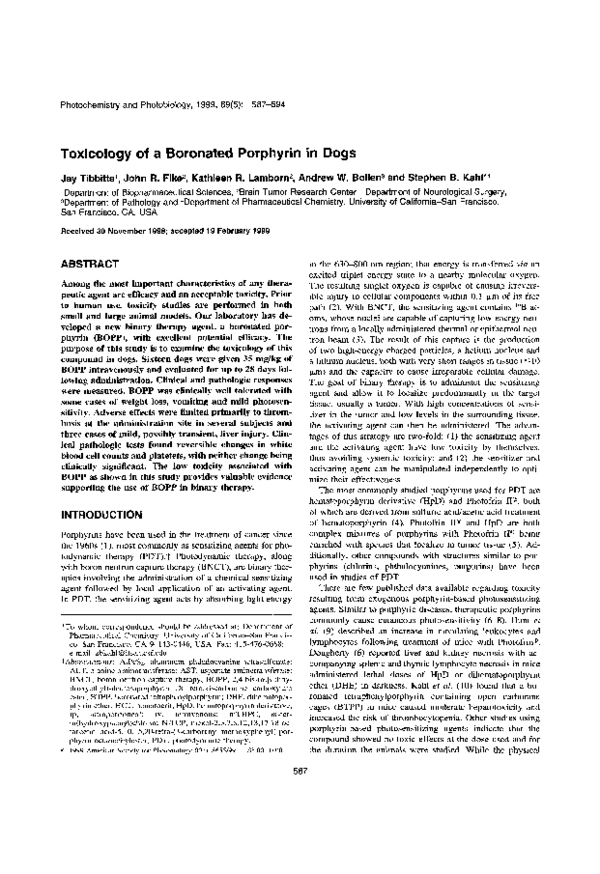(PDF) Toxicology of a Boronated Porphyrin in Dogs