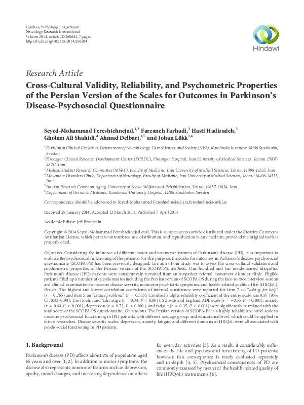 Pdf Cross Cultural Validity Reliability And Psychometric Properties Of The Persian Version