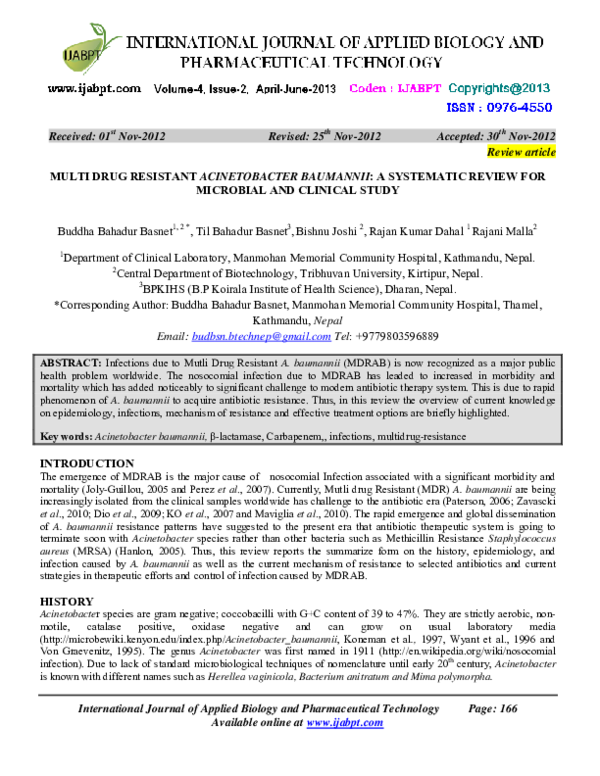 (PDF) MULTI DRUG RESISTANT ACINETOBACTER BAUMANNII: A SYSTEMATIC REVIEW FOR MICROBIAL AND ...