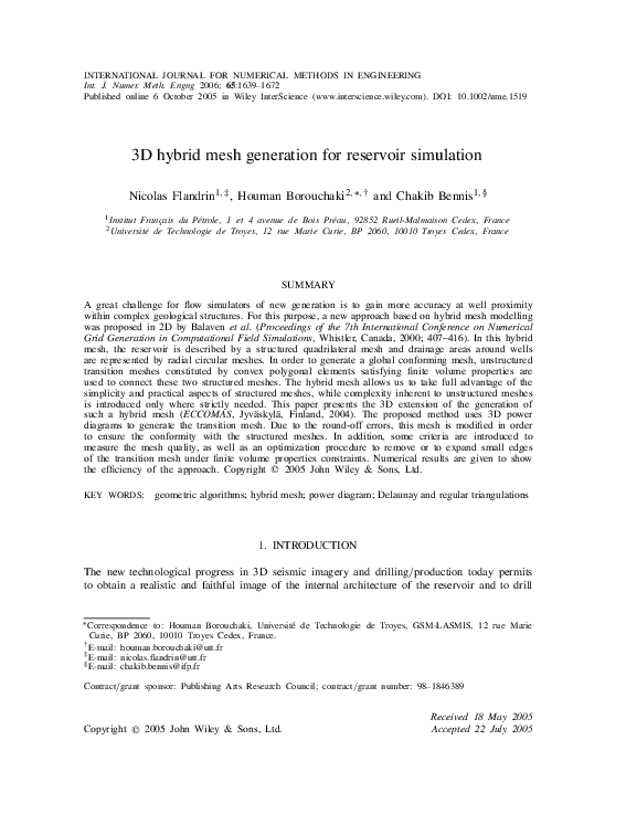 (PDF) 3D hybrid mesh generation for reservoir simulation