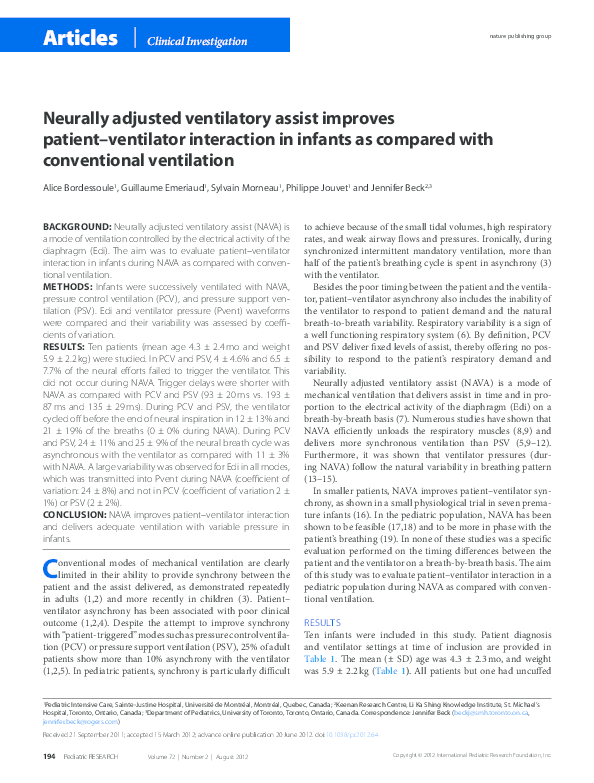 (PDF) Neurally Adjusted Ventilatory Assist (NAVA) improves the matching ...