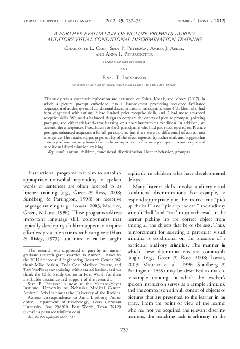 Pdf A Further Evaluation Of Picture Prompts During Auditory Visual Conditional Discrimination