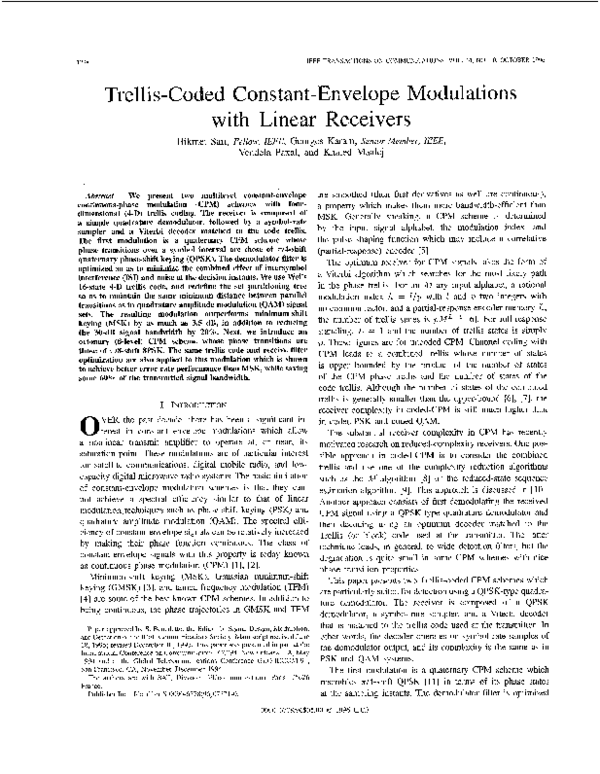 (PDF) Trellis-coded constant-envelope modulations with linear receivers