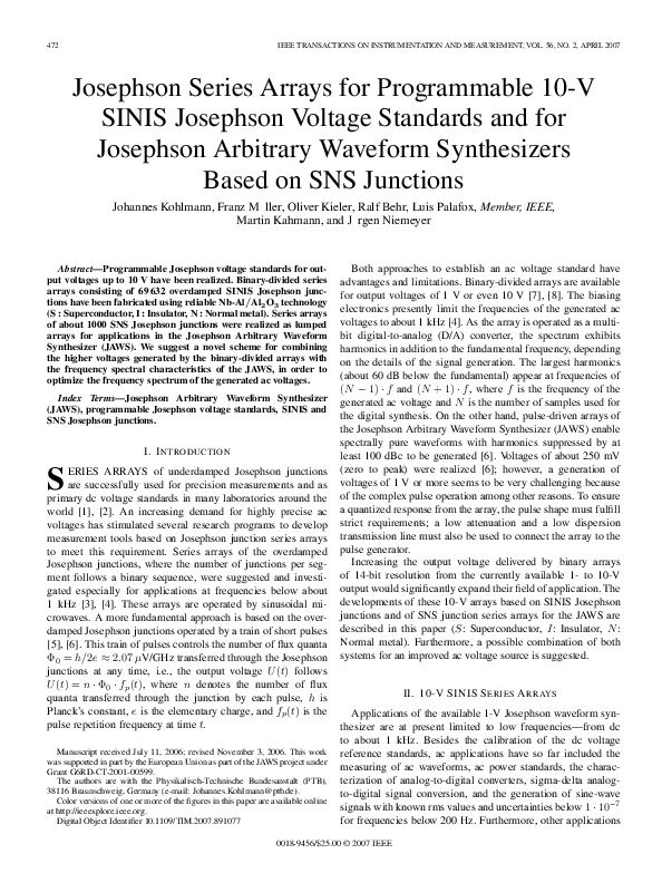 Josephson Series Arrays for Programmable 10-V SINIS Josephson Voltage Standards and for ...