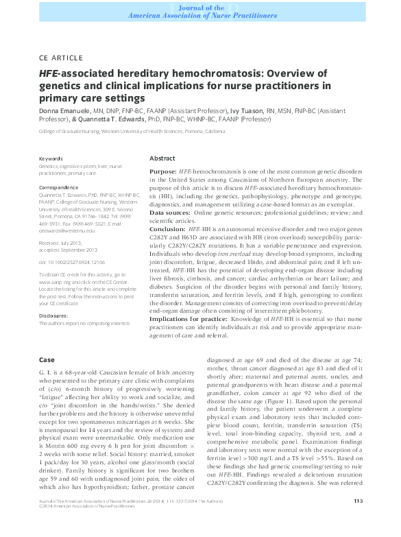 (PDF) HFE -associated hereditary hemochromatosis: Overview of genetics ...