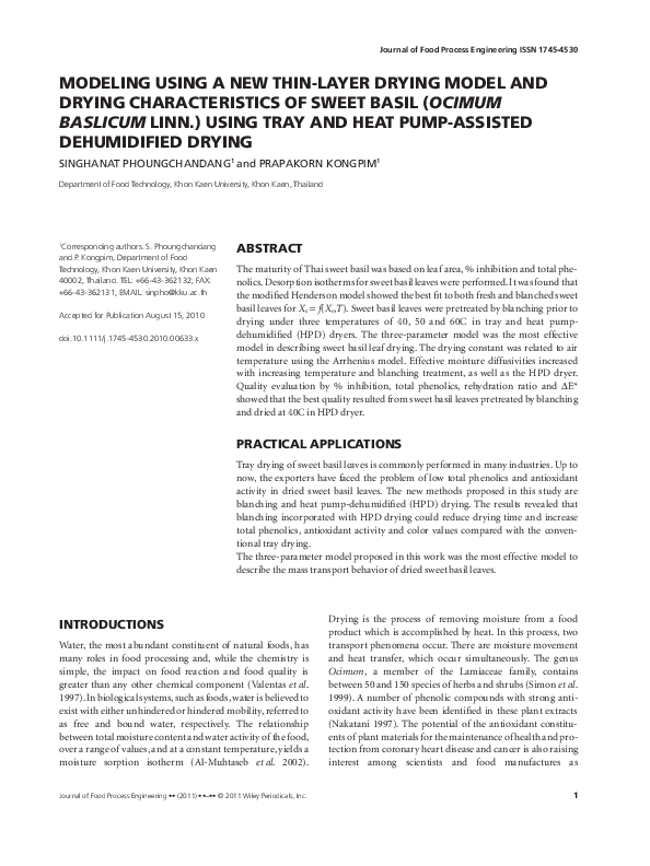 Pdf Modeling Using A New Thin Layer Drying Model And Drying Characteristics Of Sweet Basil