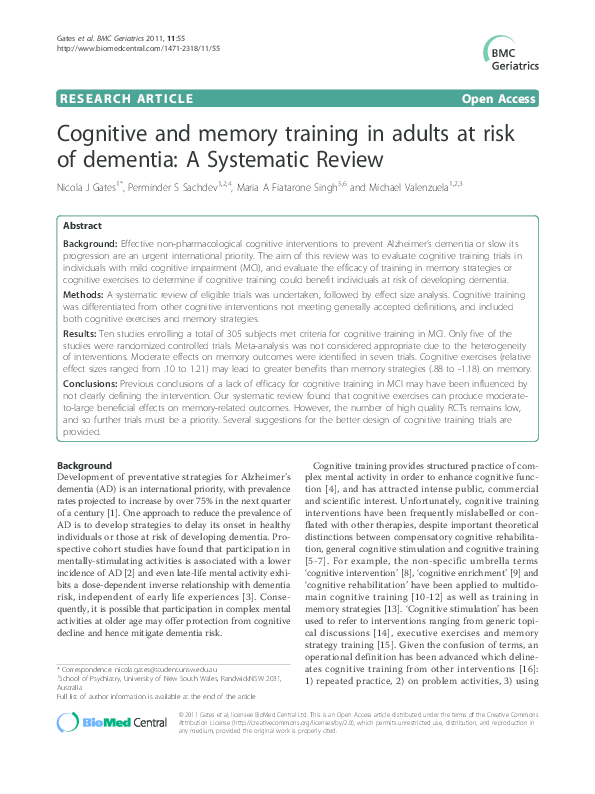 (PDF) Cognitive and memory training in adults at risk of dementia: A Systematic Review