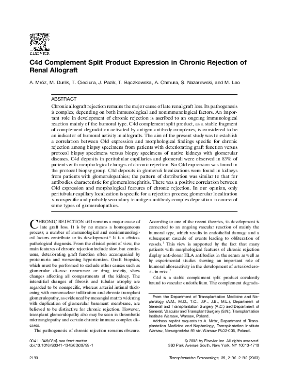 (PDF) C4d complement split product expression in chronic rejection of ...