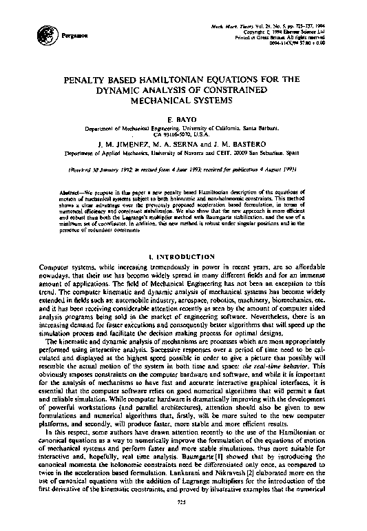 (PDF) Penalty based Hamiltonian equations for the dynamic analysis of constrained mechanical systems