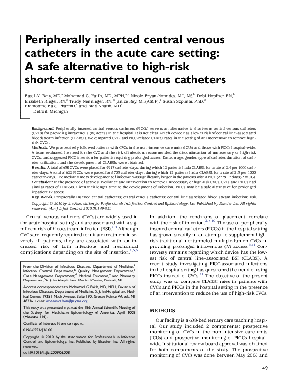 (PDF) Peripherally inserted central venous catheters in the acute care setting: A safe ...