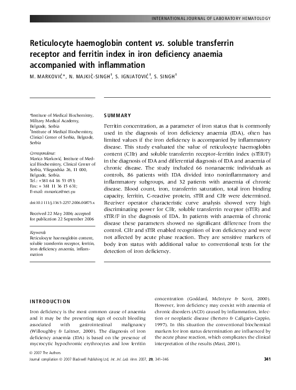 (PDF) Reticulocyte haemoglobin content vs. soluble transferrin receptor ...