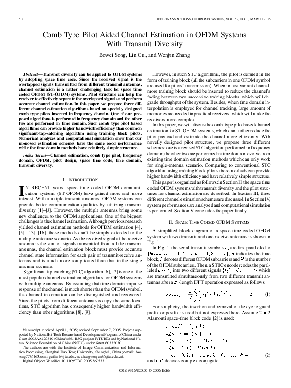 (PDF) Comb Type Pilot Aided Channel Estimation in OFDM Systems With Transmit Diversity