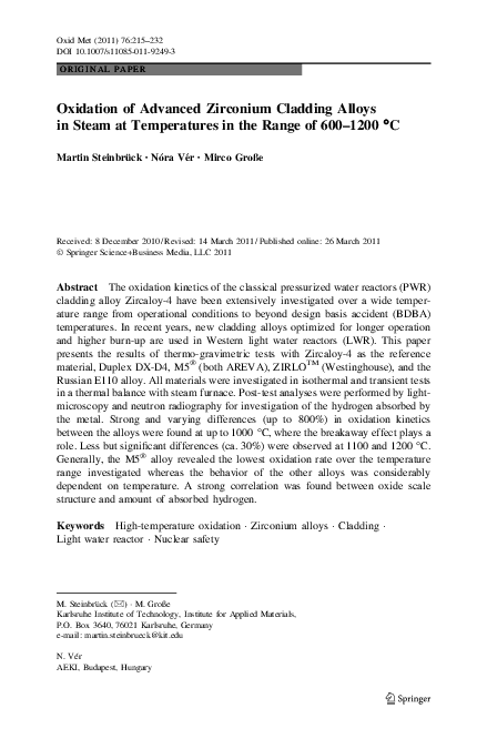 (PDF) Oxidation of Advanced Zirconium Cladding Alloys in Steam at ...