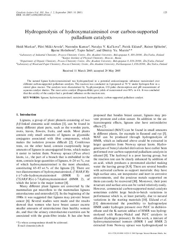 (PDF) Hydrogenolysis of Hydroxymatairesinol Over Carbon-Supported ...