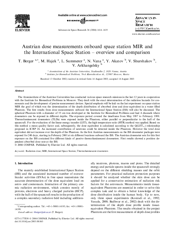(PDF) Austrian dose measurements onboard space station MIR and the ...