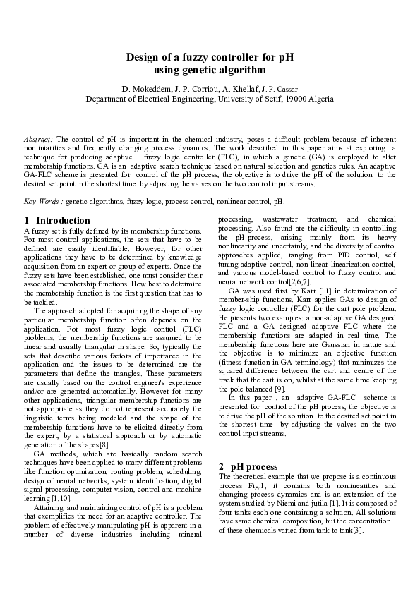 Pdf Design Of A Fuzzy Controller For Ph Using Genetic Algorithm