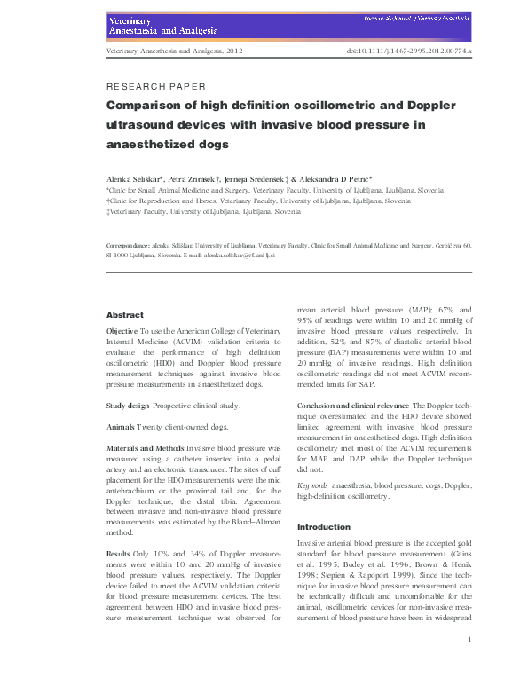 (PDF) Comparison of high definition oscillometric and Doppler ...