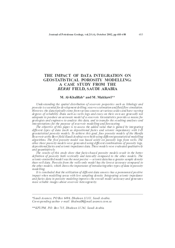(PDF) THE IMPACT OF DATA INTEGRATION ON GEOSTATISTICAL POROSITY MODELLING: A CASE STUDY FROM THE ...
