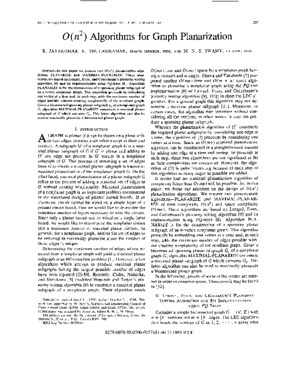 (PDF) O(n/sup 2/) algorithms for graph planarization