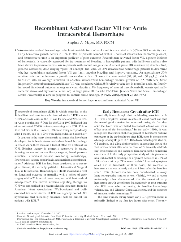 (PDF) Recombinant activated factor VII for acute intracerebral ...