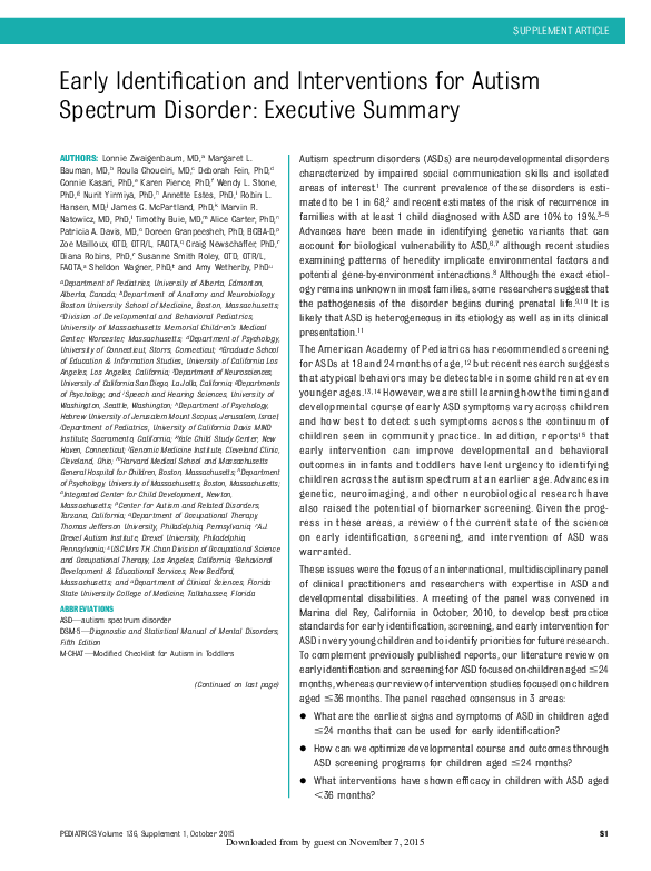 (PDF) Early Identification and Interventions for Autism Spectrum Disorder: Executive Summary