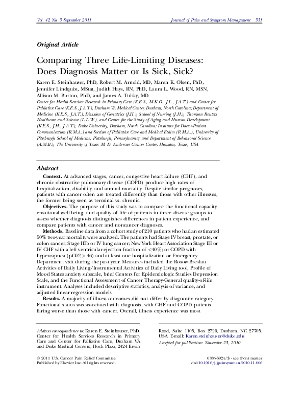 (PDF) Comparing Three Life-Limiting Diseases: Does Diagnosis Matter or ...