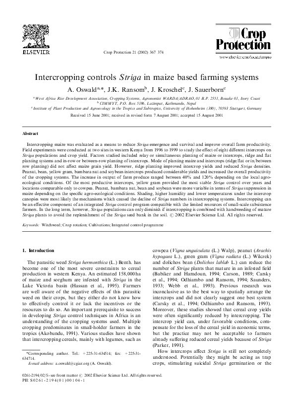 (PDF) Intercropping controls Striga in maize based farming systems