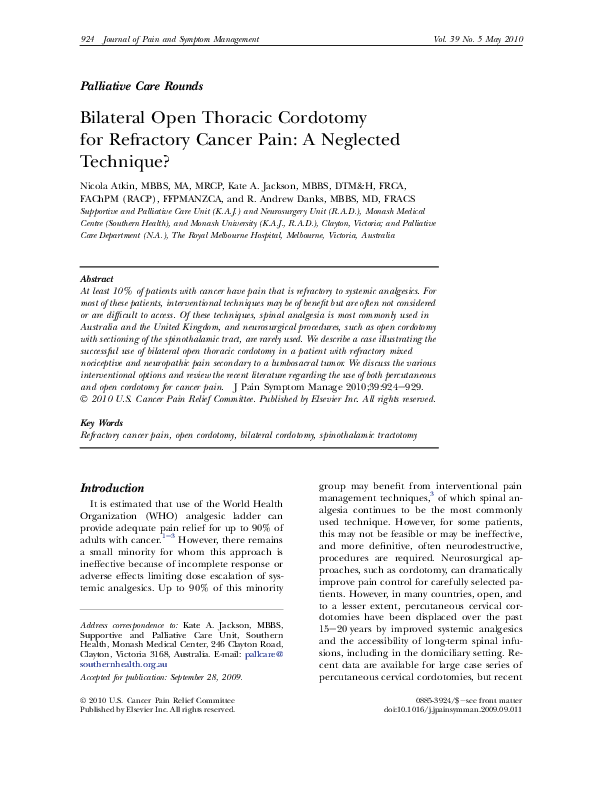 (PDF) Bilateral Open Thoracic Cordotomy for Refractory Cancer Pain: A ...