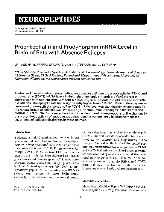 (PDF) Proenkephalin and prodynorphin mRNA level in brain of rats with ...