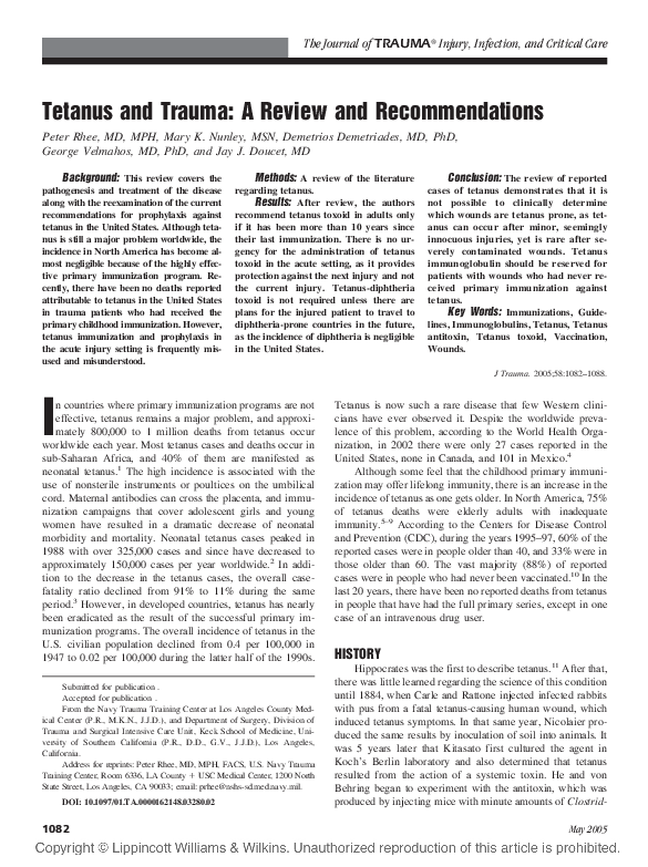 (PDF) Tetanus and Trauma: A Review and Recommendations