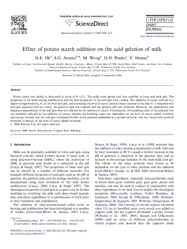 (PDF) Effect of potato starch addition on the acid gelation of milk