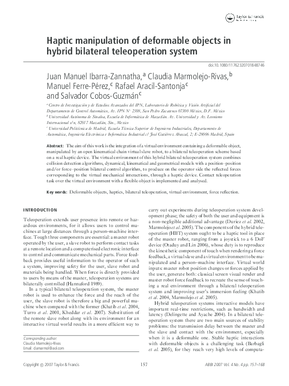 (PDF) Haptic manipulation of deformable objects in hybrid bilateral teleoperation system ...