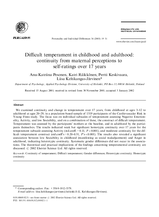 (PDF) Difficult temperament in childhood and adulthood: continuity from ...