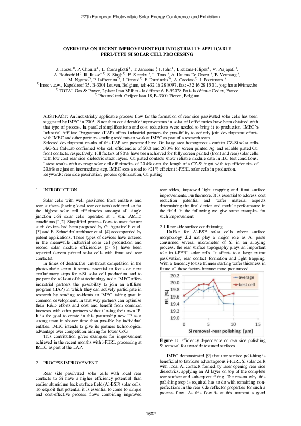 (PDF) Overview on recent improvement for industrially applicable PERL-type Si solar cell processing