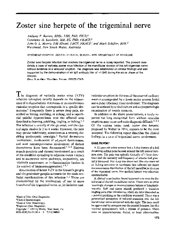 (PDF) Zoster sine herpete of the trigeminal nerve
