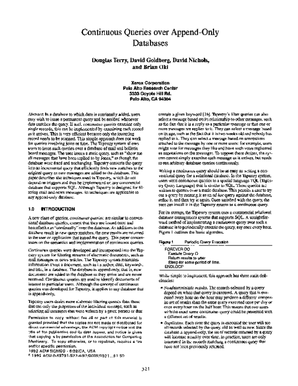 Pdf Continuous Queries Over Append Only Databases Roger Barga