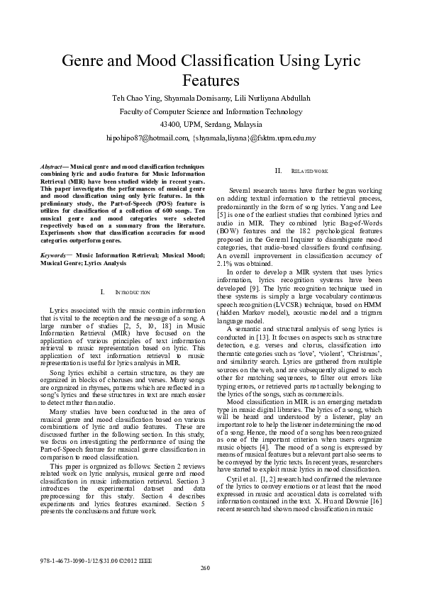 (PDF) Genre and mood classification using lyric features