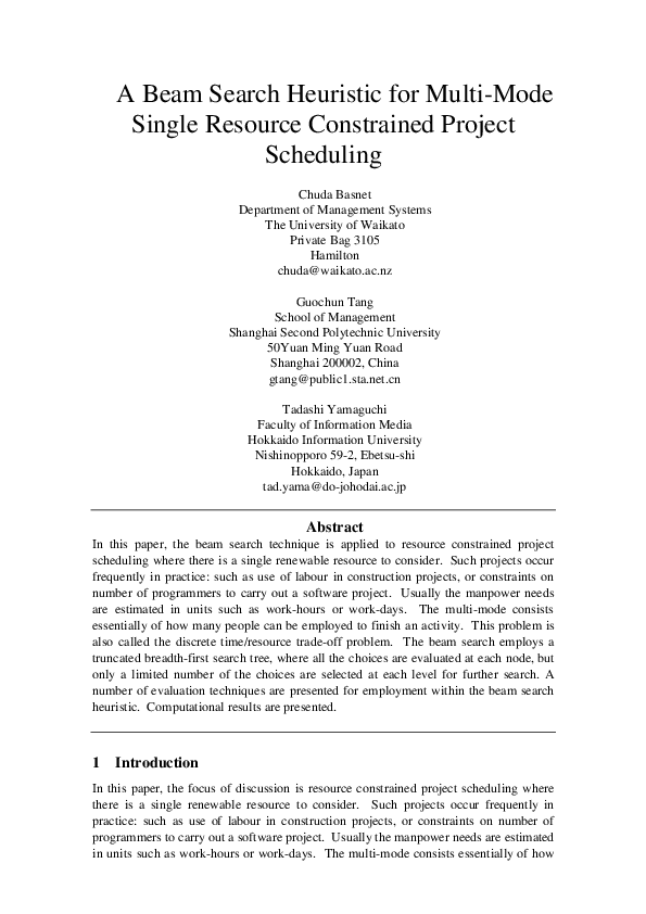 (PDF) A Beam Search Heuristic for Multi-Mode Single Resource Constrained Project Scheduling