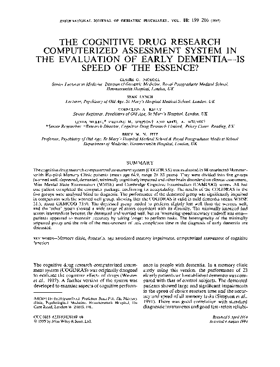 (PDF) The cognitive drug research computerized assessment system for ...